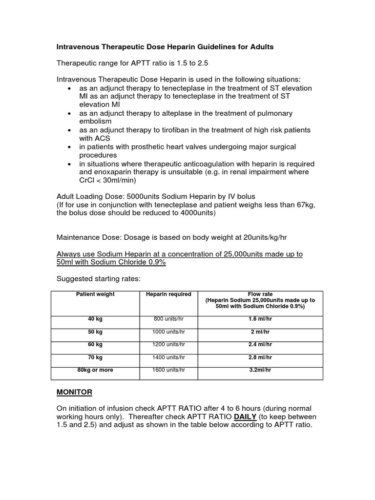 Intravenous Therapeutic Dose Heparin Guidelines For Adults | PDF ...