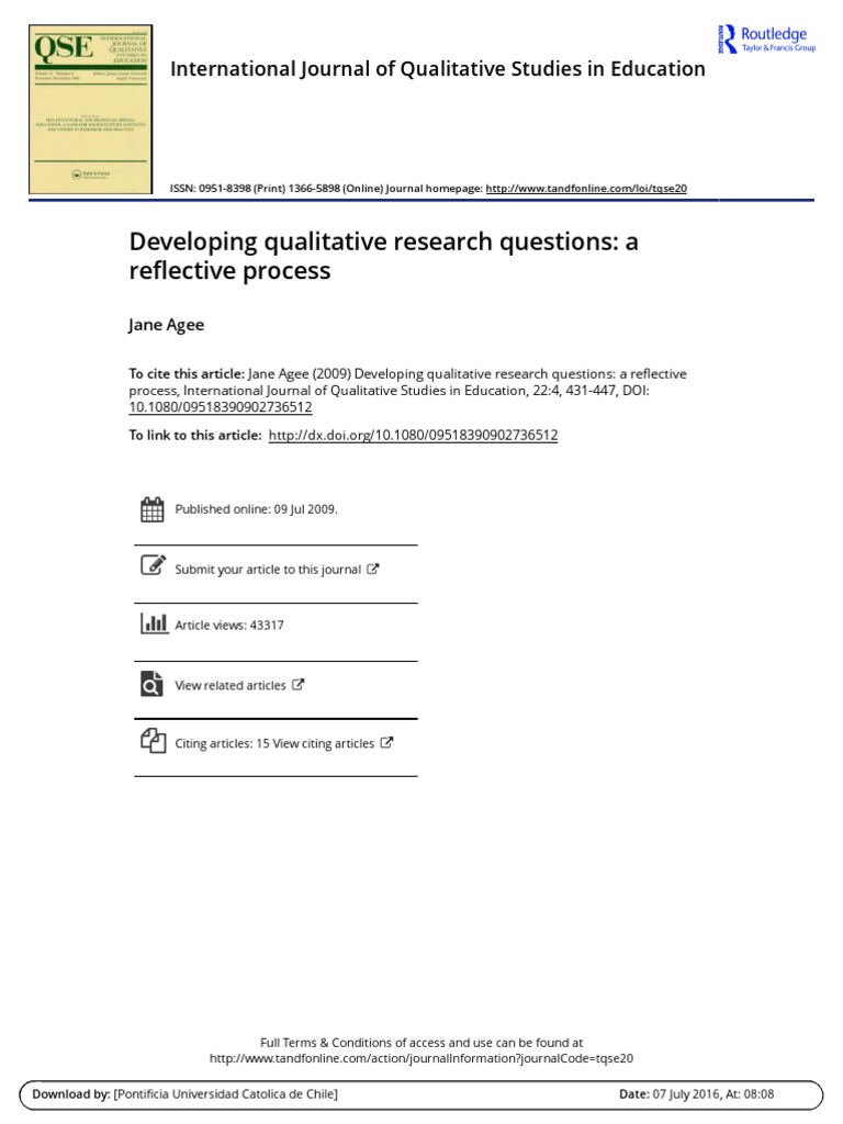 Agee 2009 Developing Qualitative Research Questions A Reflective ...