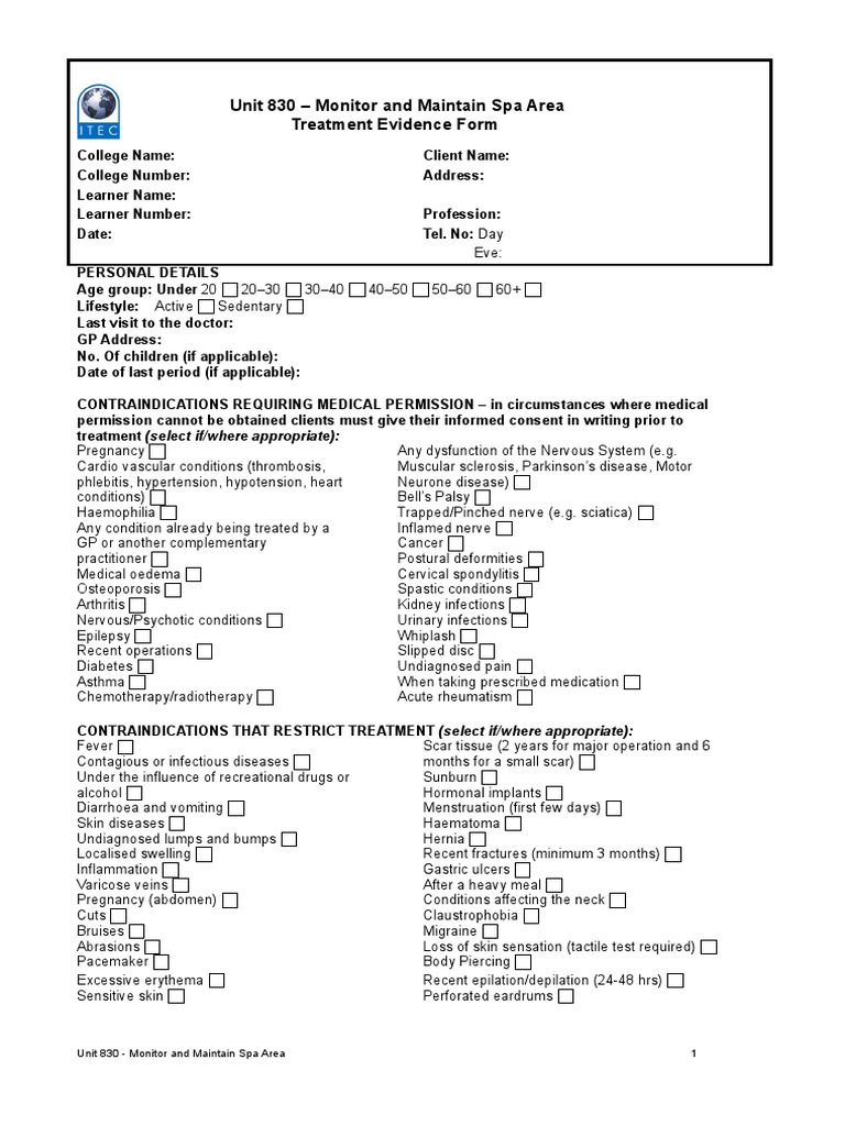 Unit 830 Level 3 Monitor and Maintain Spa Area Treatment Evidence Form ...