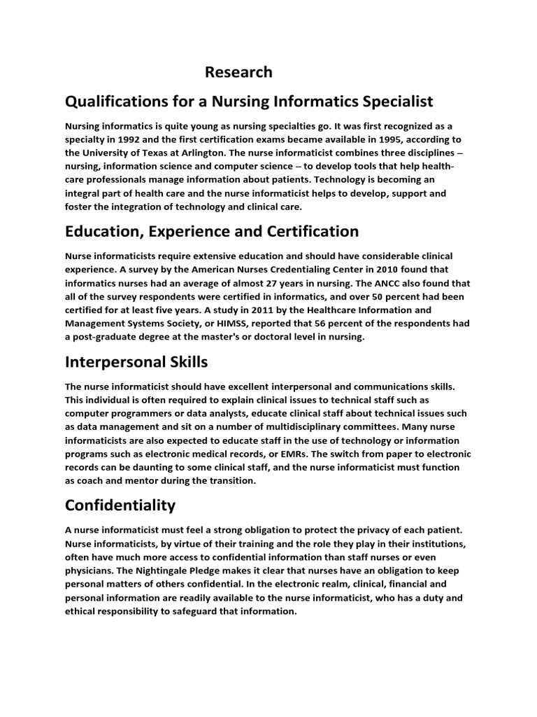 Research Qualifications For A Nursing Informatics Specialist ...