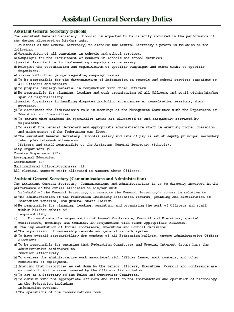 Assistant General Secretary Responsibilities | PDF | Secretary | Committee