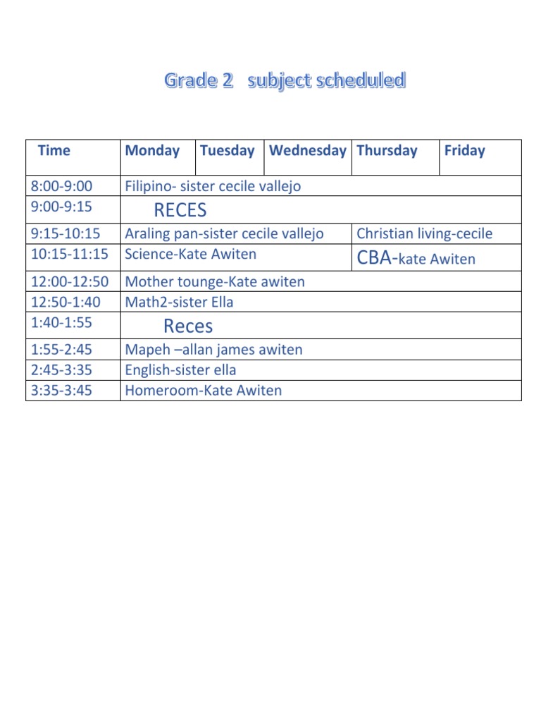 Grade 2 Subject Scheduled | PDF | Cooking, Food & Wine | Wellness