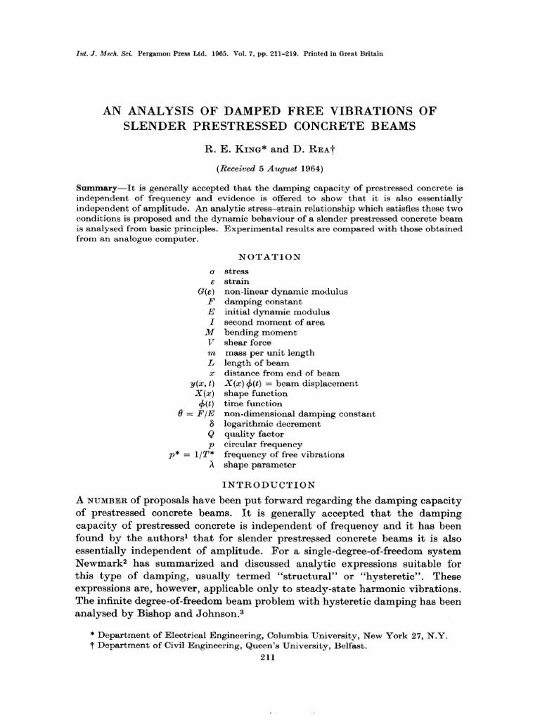 An Analysis of Damped Free Vibrations of Slender Prestressed Concrete Beams R. E. Kino and D ...