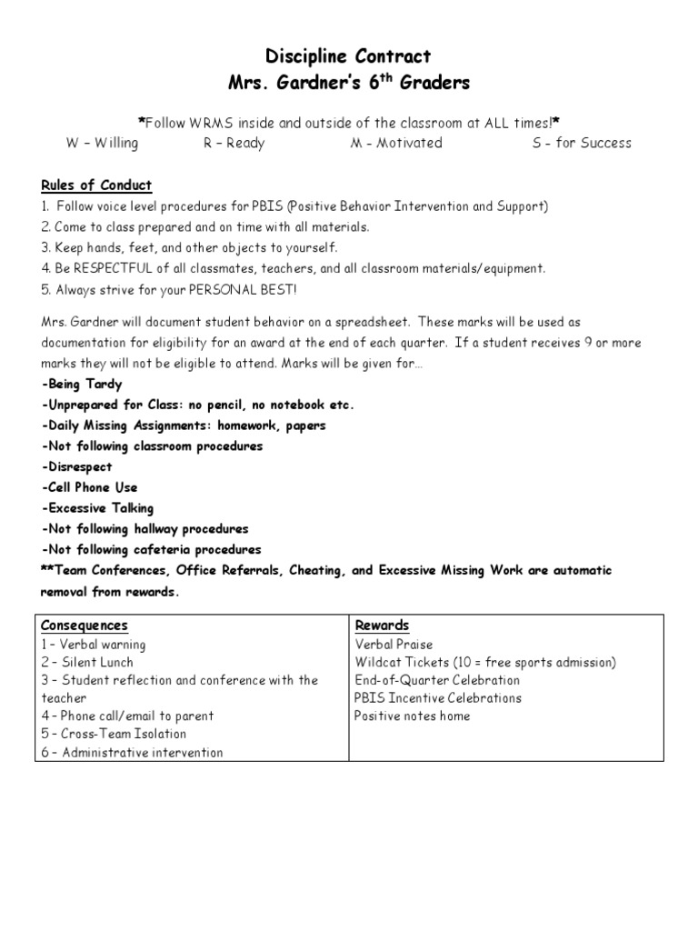 Discipline Contract 7th | PDF | Pedagogy | Behavioural Sciences