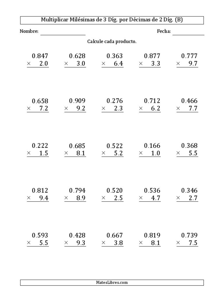 Actividades De Multiplicación De Decimales Para Quinto Grado