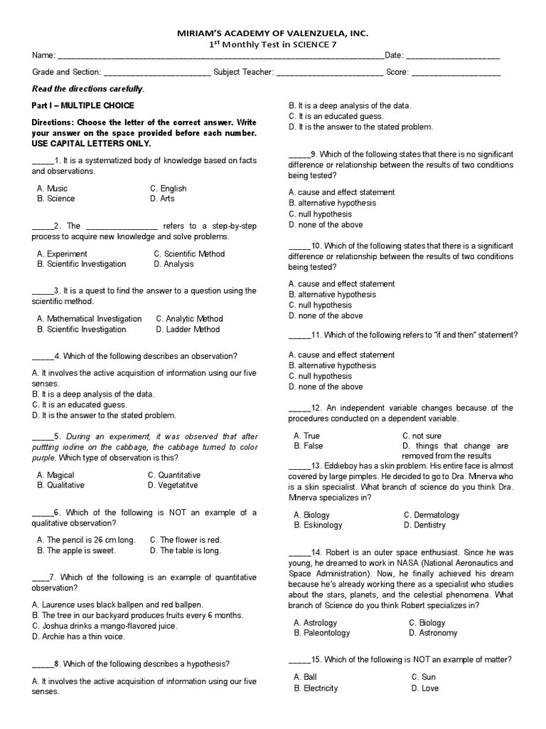 Science 7 - 1ST Monthly Test | PDF | Scientific Method | Solubility