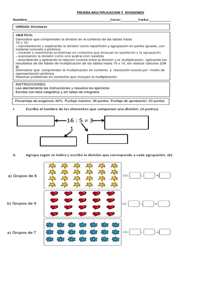 Prueba Division y Multipplicacion | PDF | Multiplicación | Enseñanza de ...