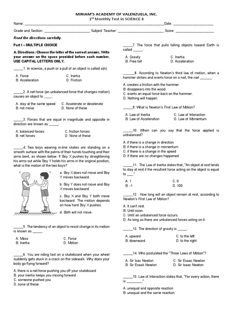 Science 8 - 1st Monthly Test | PDF | Newton's Laws Of Motion | Force