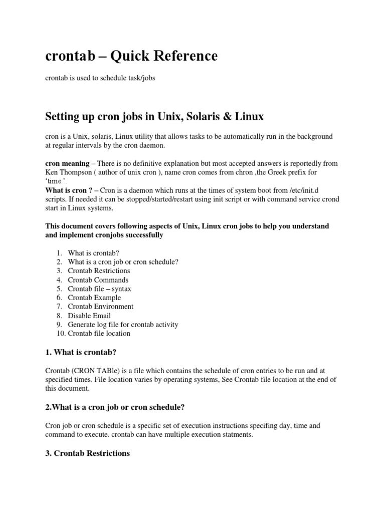 Crontab - Quick Reference: Setting Up Cron Jobs in Unix, Solaris & Linux | PDF | Operating ...