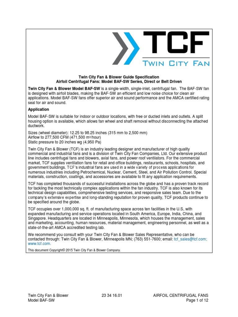 Baf SW Specification 233416.01 Airfoil Centrifugal Fans | PDF | Duct ...