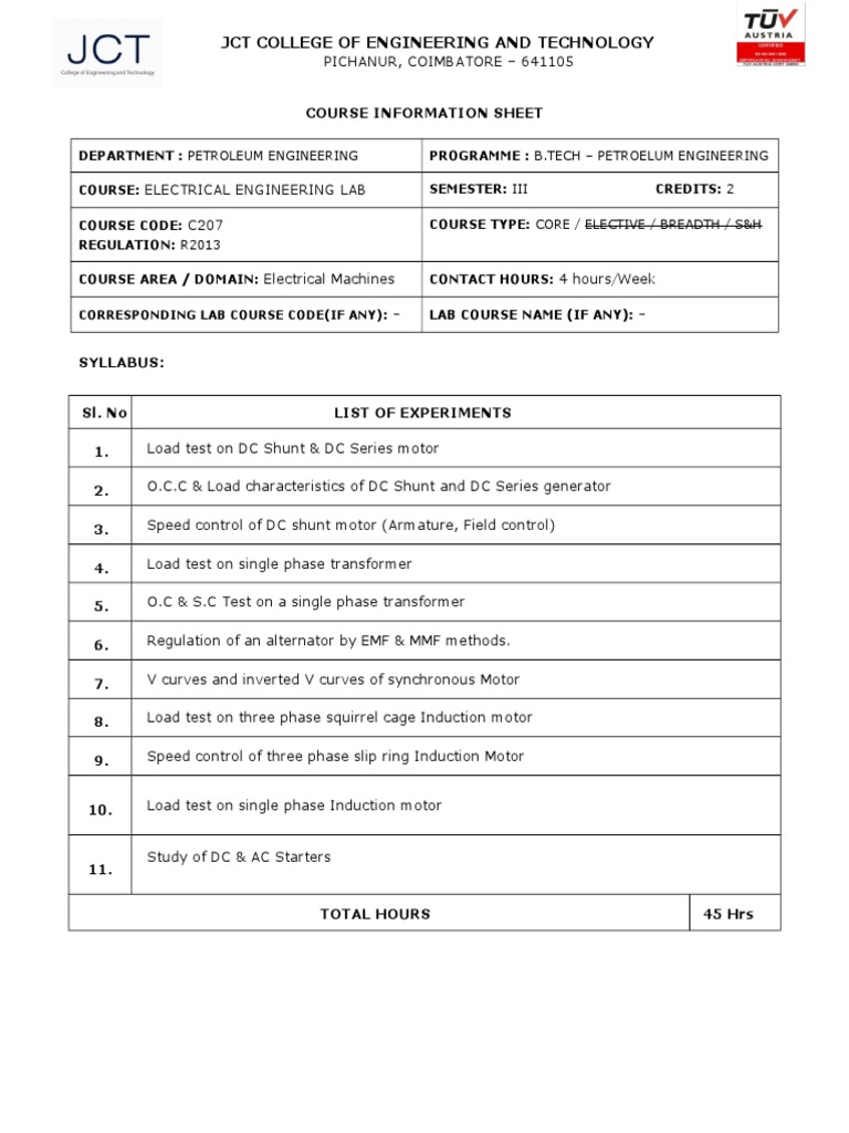 JCT College of Engineering and Technology: Course Information Sheet ...