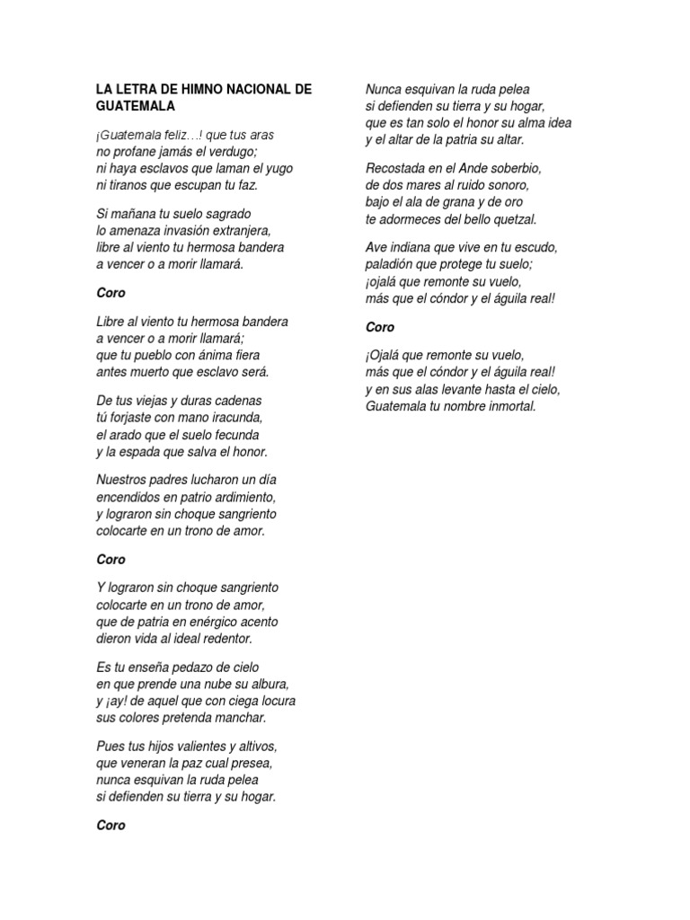 La Letra de Himno Nacional de Guatemala | PDF