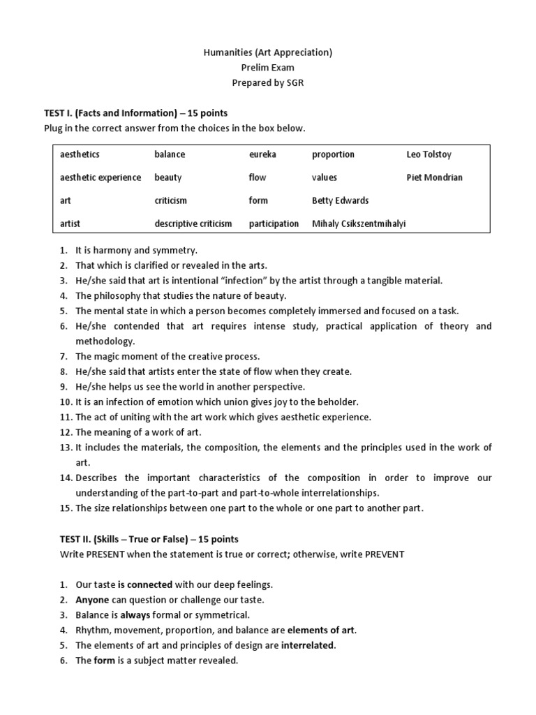 Art Appreciation Prelim Exam Guide | PDF | Aesthetics | Truth