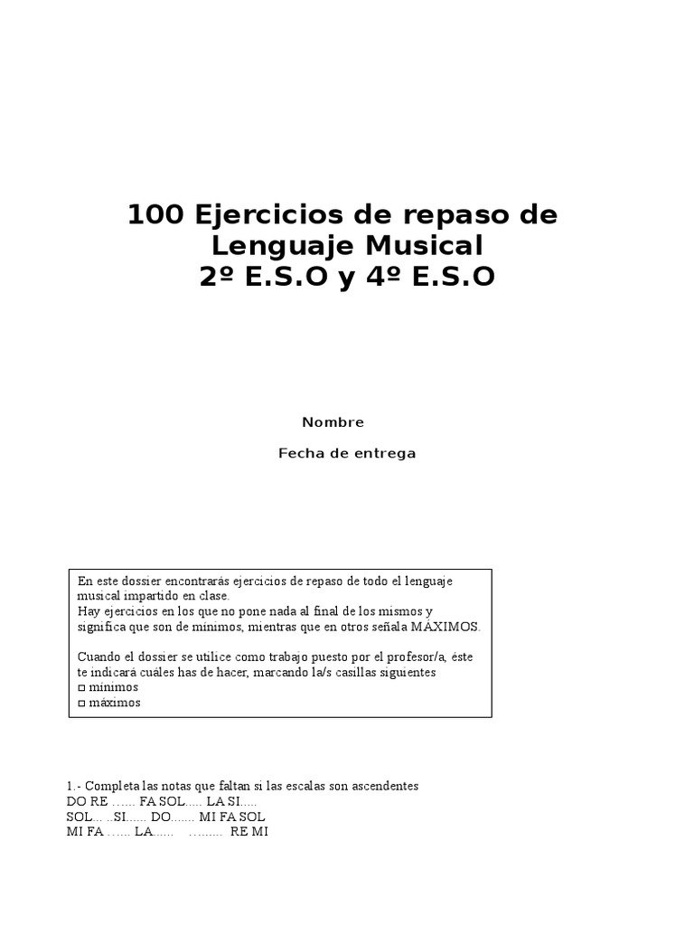 Ejercicios Refuerzo Lenguaje Musical Mínimos | PDF | Escala (música ...