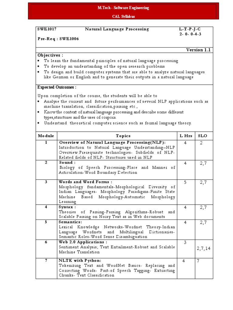 Swe1017 NLP Syllabus | PDF | Parsing | Semantics