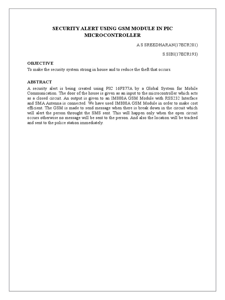 Security Alert Using GSM Module | PDF