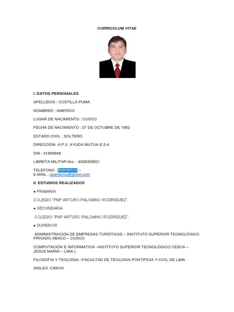 CV de Américo Costilla Puma | PDF | Negocios | Viajes y turismo