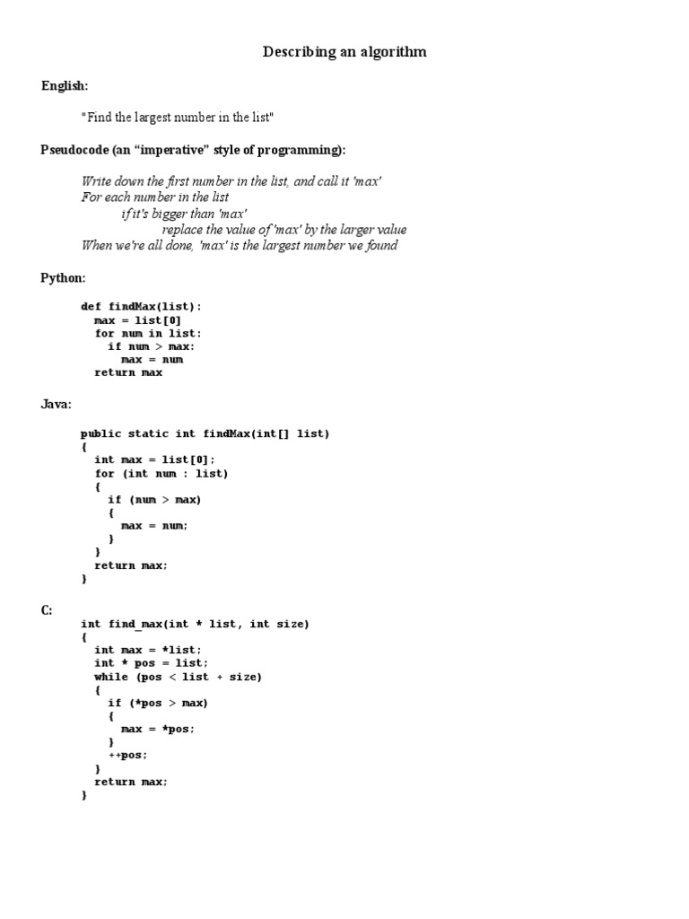 "Find The Largest Number in The List": Describing An Algorithm | PDF