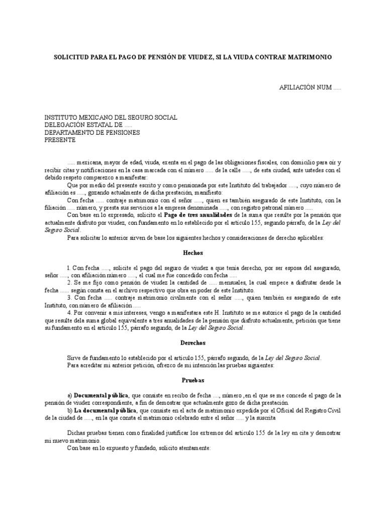 Machote Solicitud Para El Pago de Pensión de Viudez | Seguro | Pensión