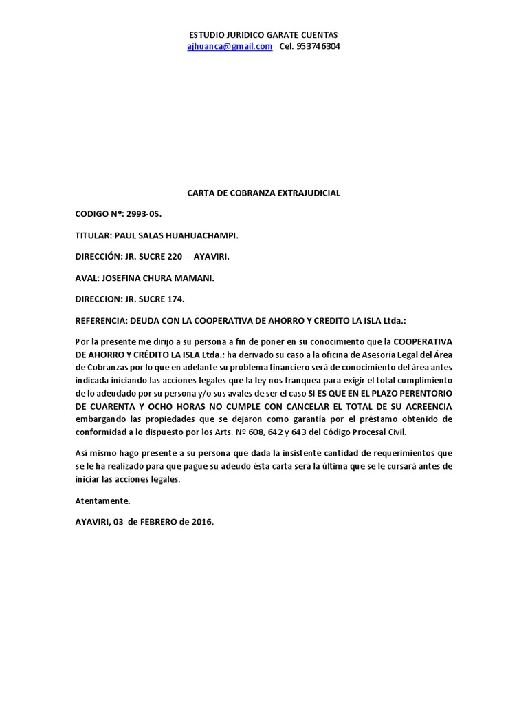 Carta de Cobranza Extrajudicial