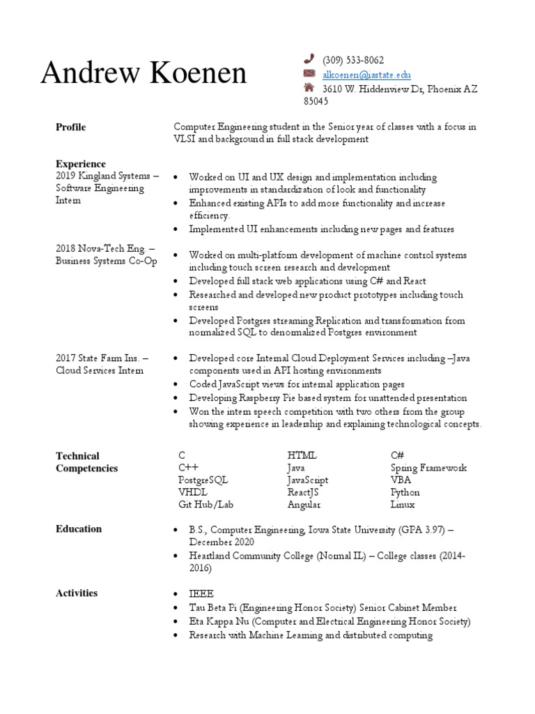 Andrew Koenen Resume 2019 Pdf Postgre Sql Java Script 