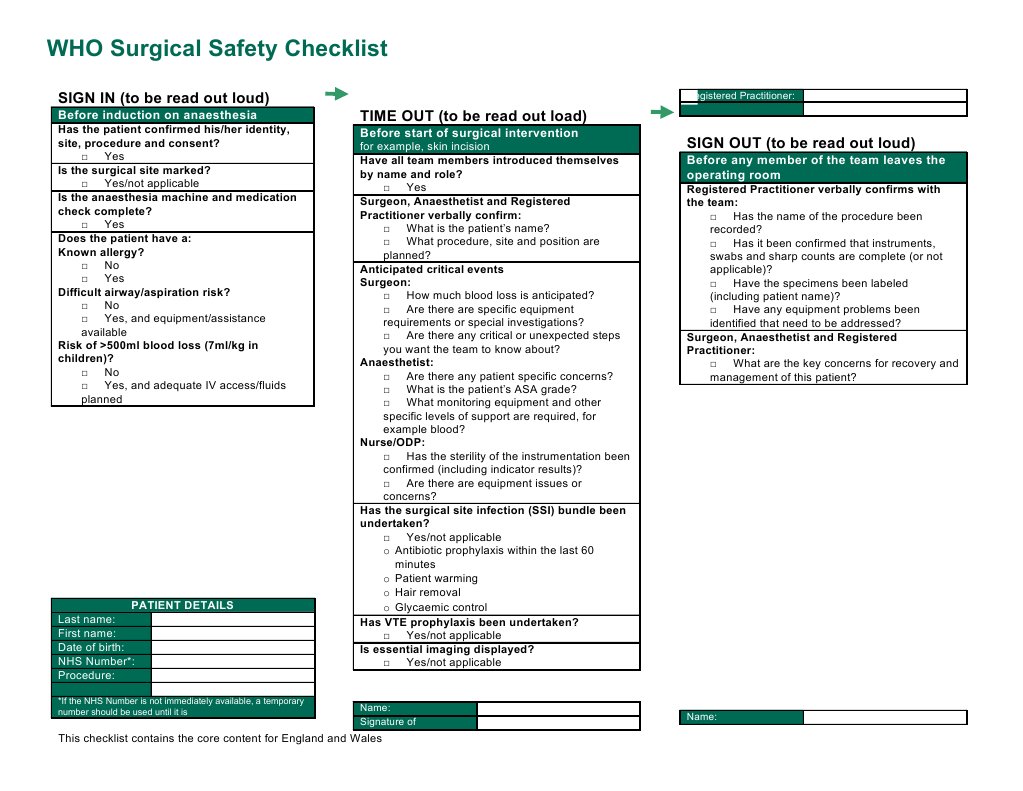Surgical Safety Checklist | PDF | Surgery | Medicine