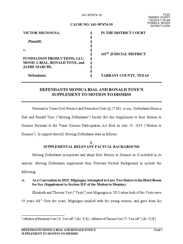 Defendants Monica Rial and Ronald Toye Supplement To Motion To Dismiss ...