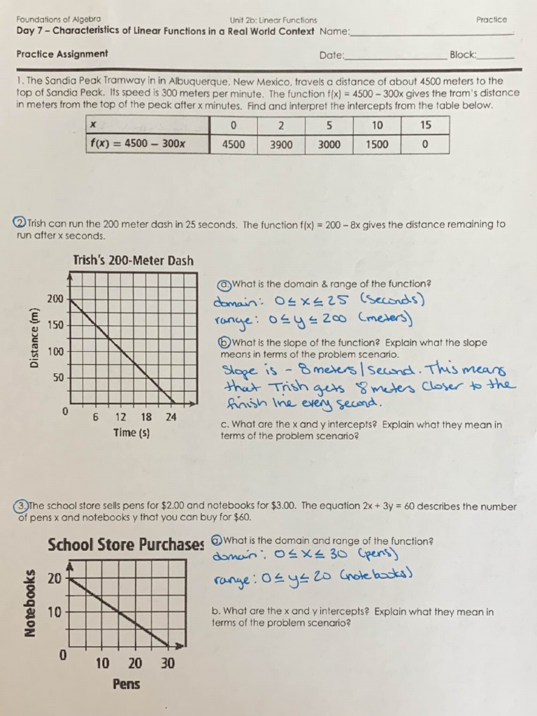Day 7 - Characteristics of Linear Functions Real World HW Ak | PDF