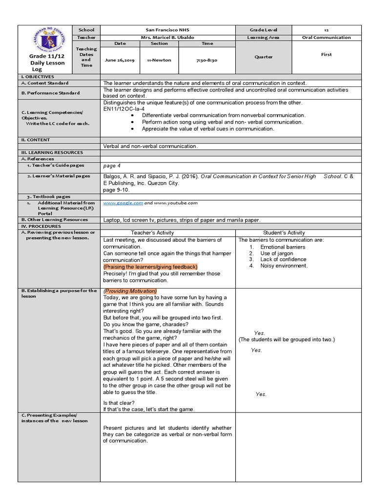 Grade 11/12 Daily Lesson Log: San Francisco NHS 12 Mrs. Maricel B ...