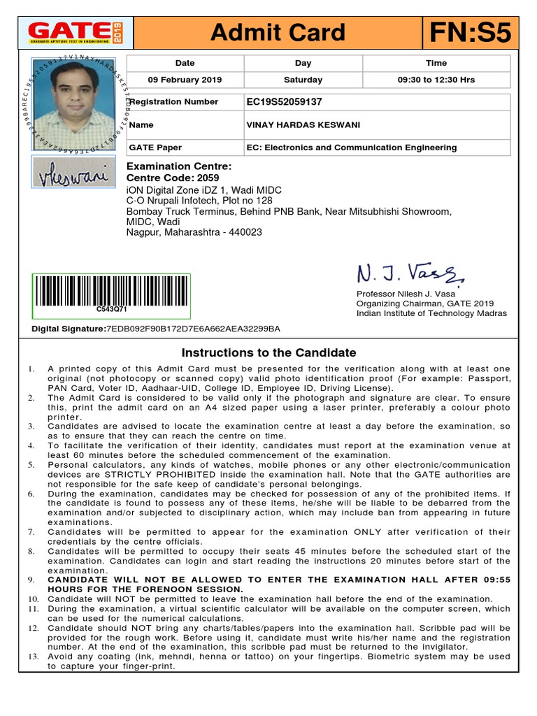 I It Madras 2019 Gate Admit Card | PDF | Identity Document | Authentication