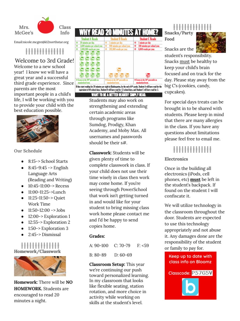 2019-20 Beginning of The Year Newsletter pg1 | PDF | Homework | Classroom