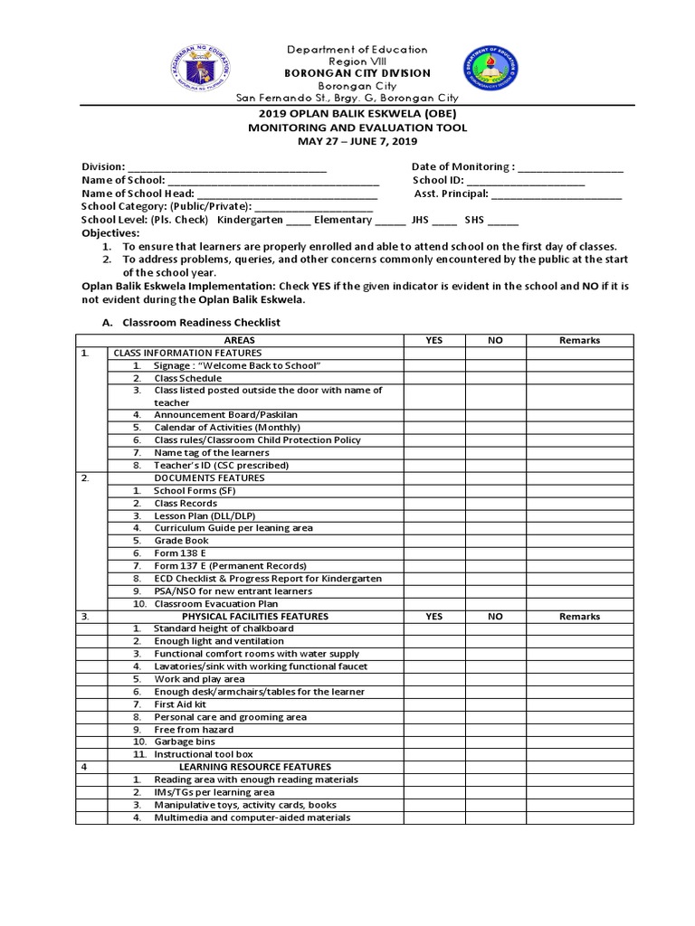 2019 OBE Monitoring Tool | PDF | Educational Stages | Classroom