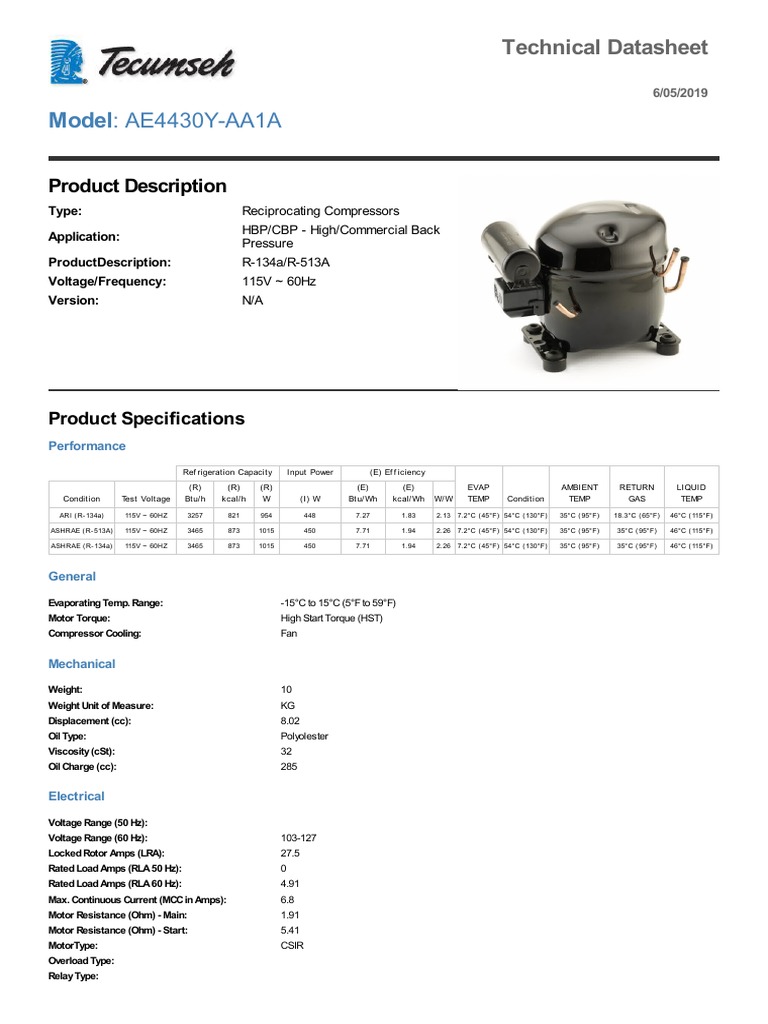 Tecumseh AE4430Y-AA1A Datasheet | PDF | Energy Technology | Machines