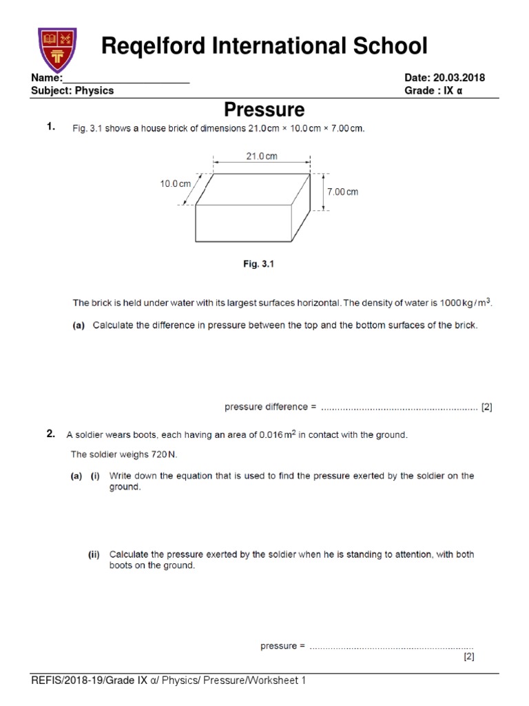 Grade IX Physics Pressure Worksheet | PDF