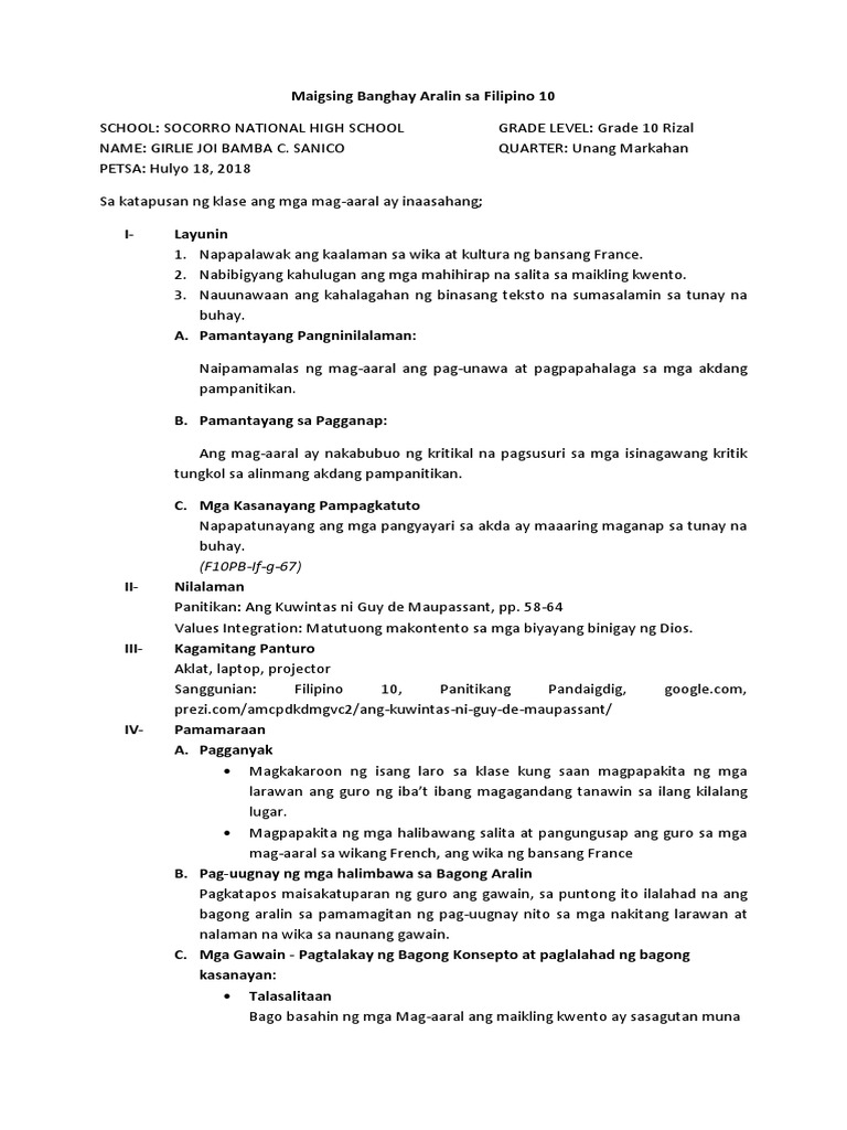 COT Semi-Detailed Lesson Plan FIL 10 | PDF