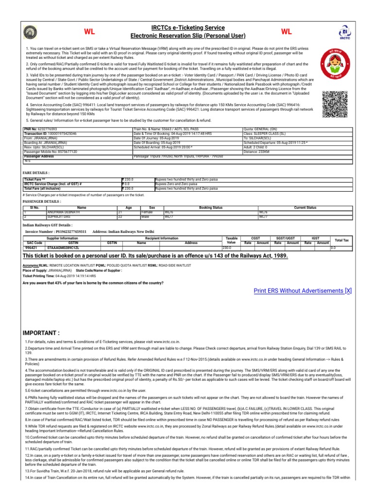 Train Ticket PDF | Download Free PDF | Identity Document | Ticket ...