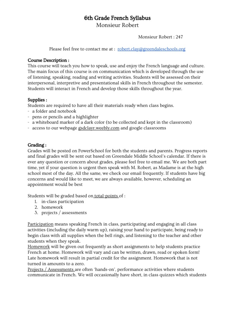 6th Grade French Course Overview | PDF | Homework | Teaching