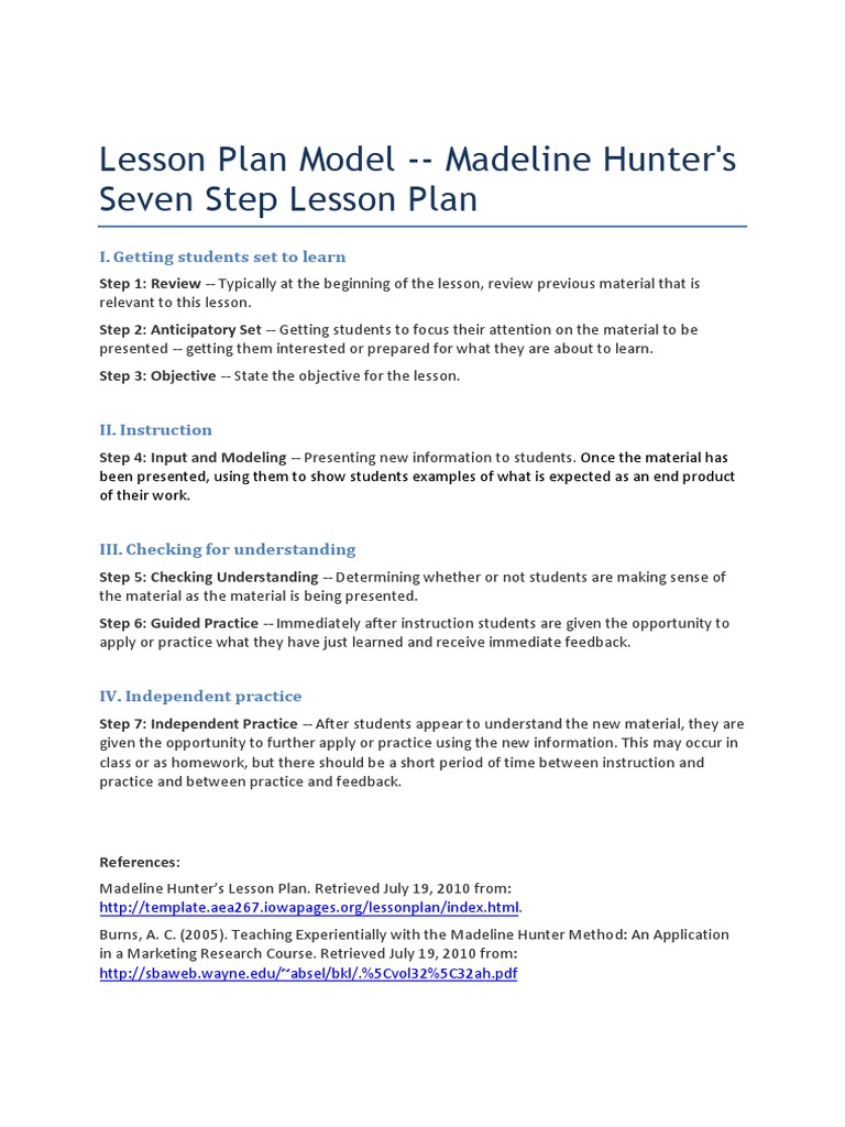 4.lesson Plan Model - Madeline Hunter's Seven Step Lesson Plan | PDF