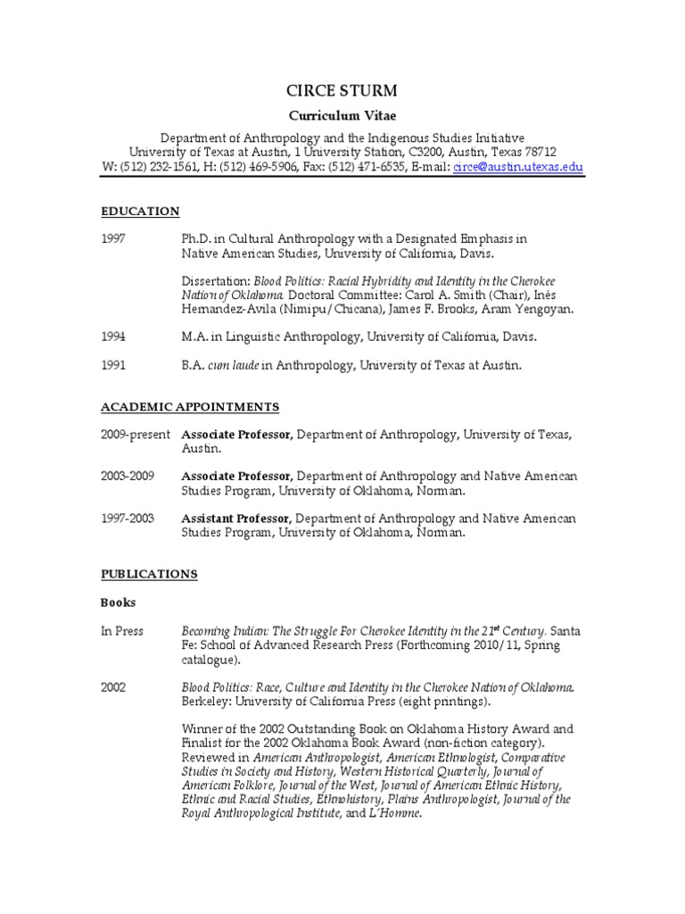 Circe Sturm: Curriculum Vitae | PDF | Cherokee | Anthropology