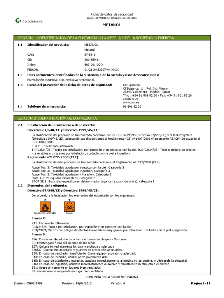 Ficha de Datos de Seguridad Metanol | PDF | Toxicidad | Dióxido de carbono