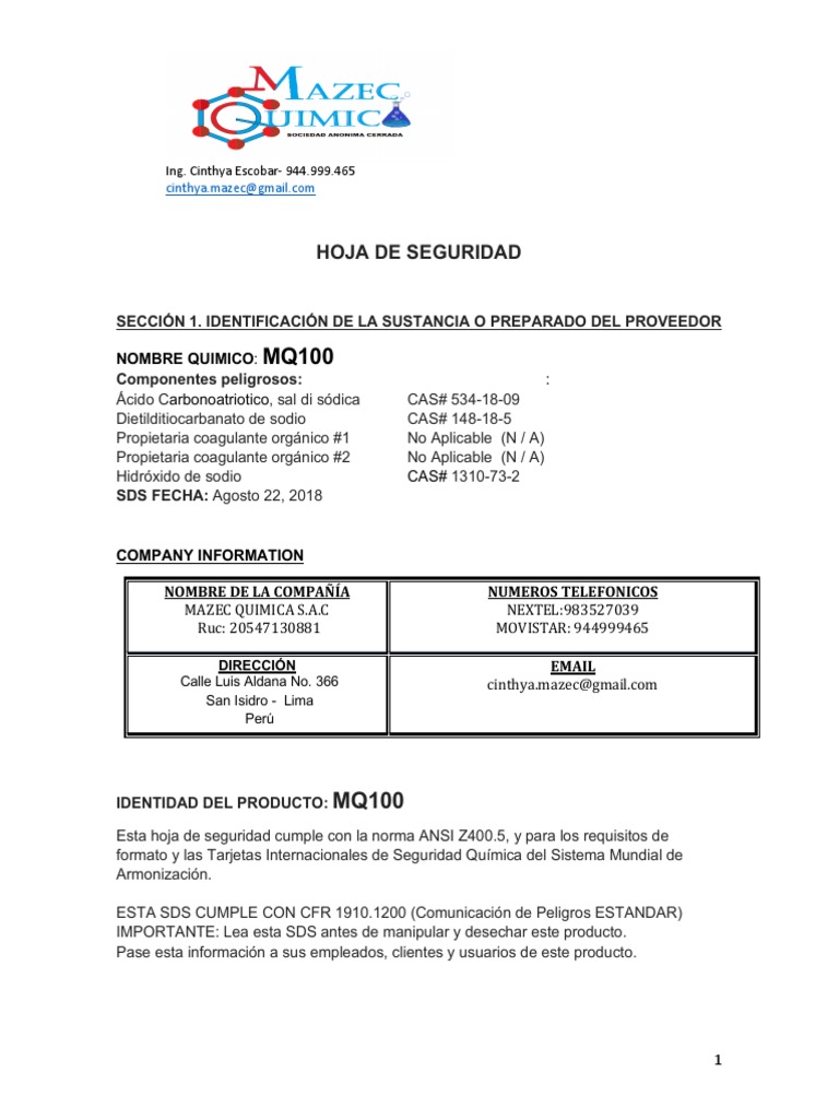 Hoja de Seguridad de MQ100 PDF | PDF | Quemar | Vómitos