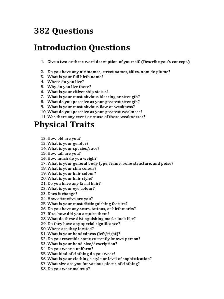 382 Character Creation Questions | Download Free PDF | Family | Hobbies