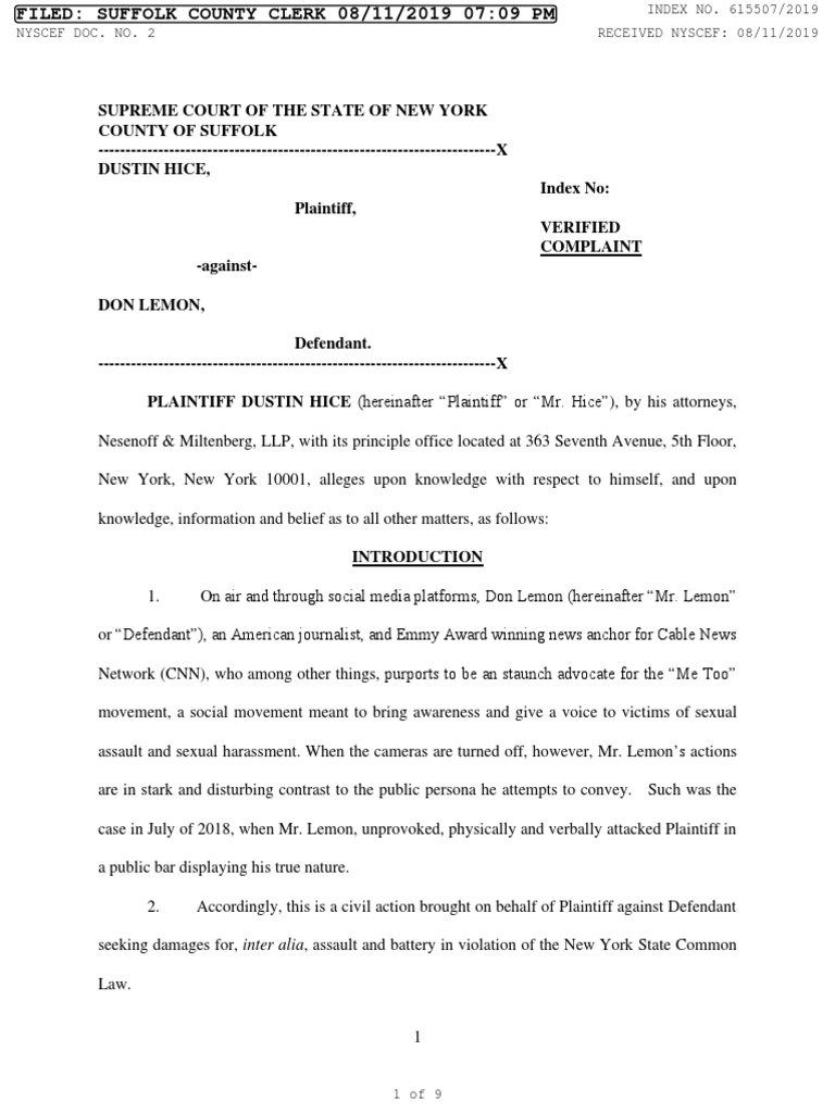 Dustin Hice v. Don Lemon Verified Complaint 8-11-2019 | PDF ...