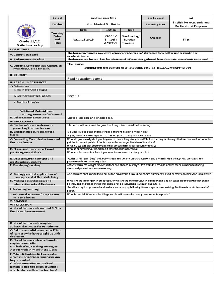 Grade 11/12 Daily Lesson Log: San Francisco NHS | PDF | Learning | Teachers