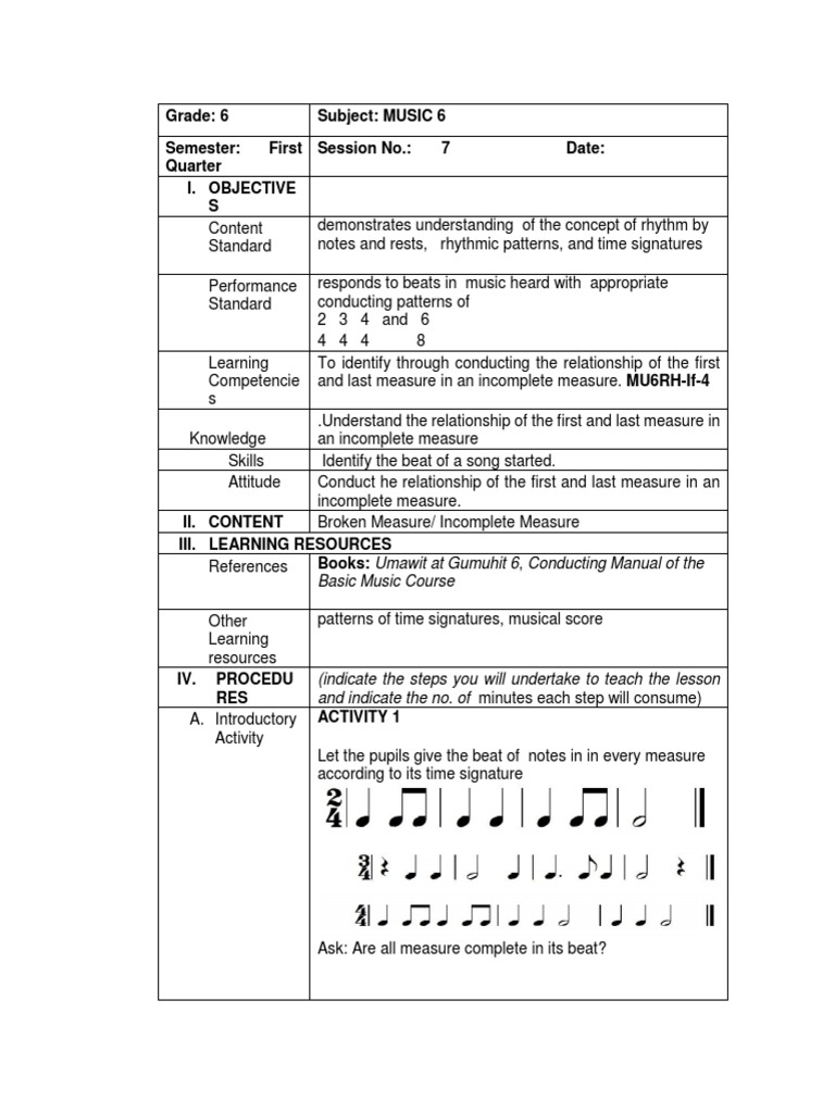 Lesson Plan in Music Day 7 | PDF | Rhythm | Communication