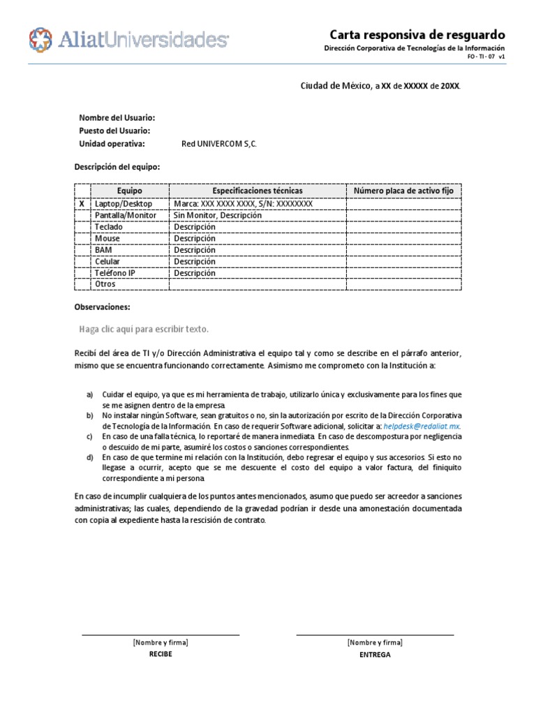 FO-TI-07 Carta Responsiva de Resguardo - v1 | PDF | Tecnología de ...