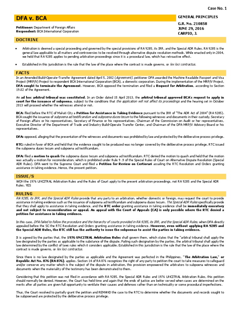 DFA v. BCA Digest by AA | PDF | Alternative Dispute Resolution | Arbitration