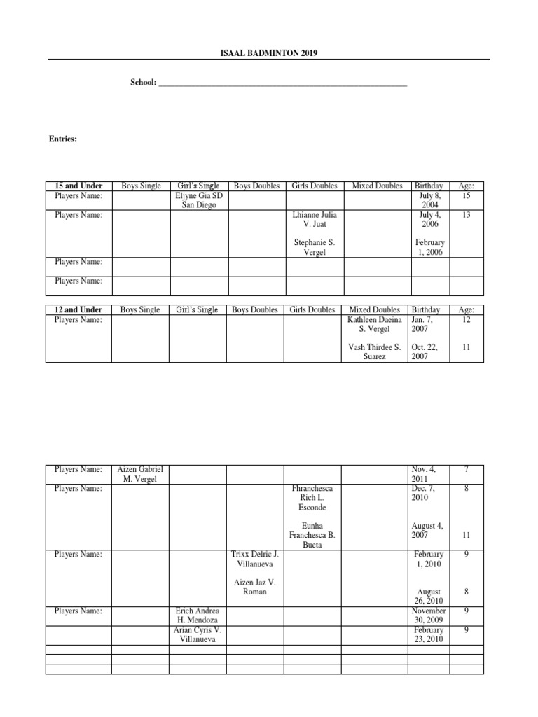 ISAAL Badminton Entry Form RSI | PDF