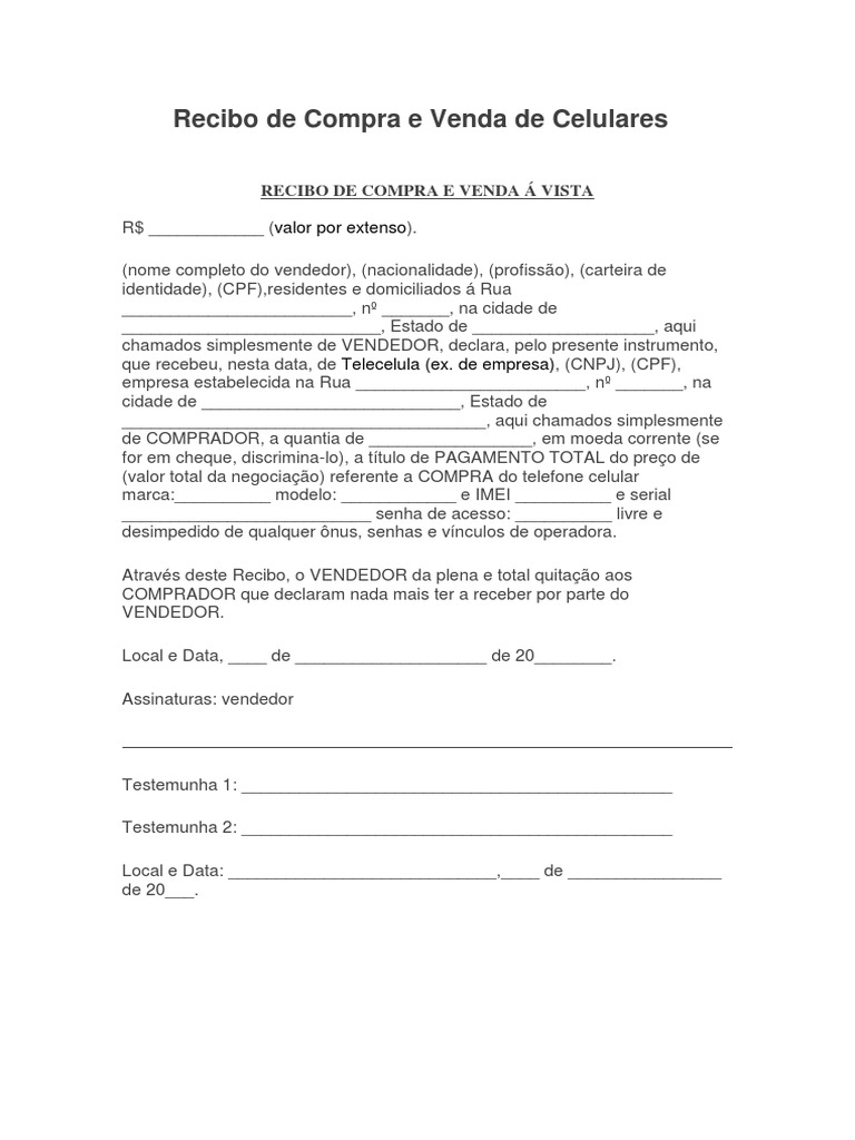 Recibo de Compra e Venda de Celulares | PDF