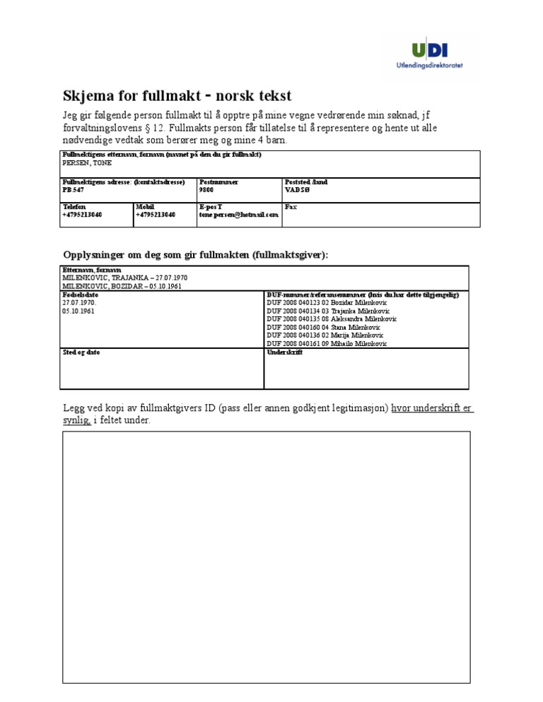 Fullmaktskjema UDI Trajanka Milenkovic | PDF